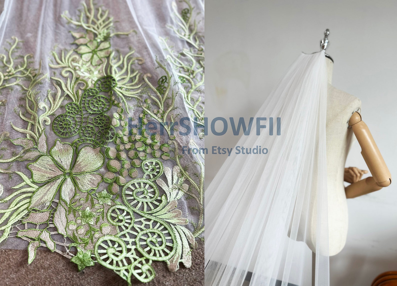 118'' Cathedral Veil, Green Wedding Veil, Cirrus Green Garden Bridal Veil, Fairy Floral Lace ...