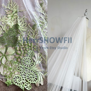 118'' Cathedral Veil, Green Wedding Veil, Cirrus Green Garden Bridal Veil, Fairy Floral Lace ...