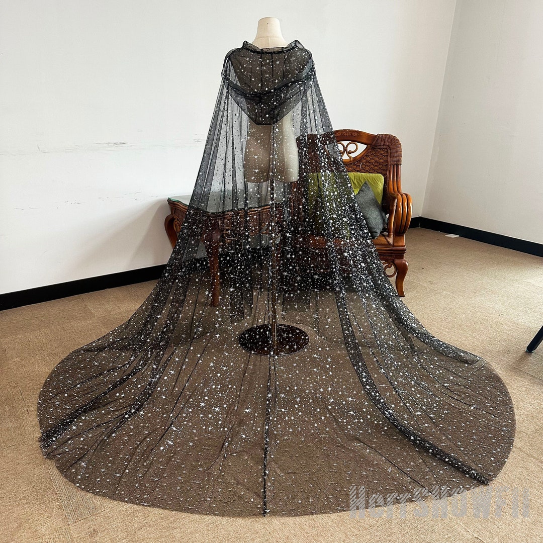 Gothic Black Wedding Cape With Hood, White Star Hooded Bridal Veil ...