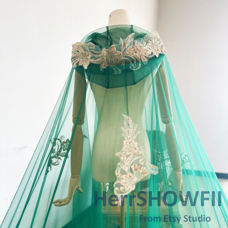 Retro Emerald Green Hooded Cape Veil, Vintage Golden Sequins Appliques ...
