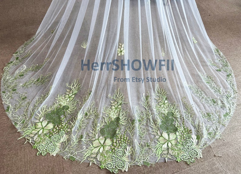 118'' Cathedral Veil, Green Wedding Veil, Cirrus Green Garden Bridal Veil, Fairy Floral Lace ...
