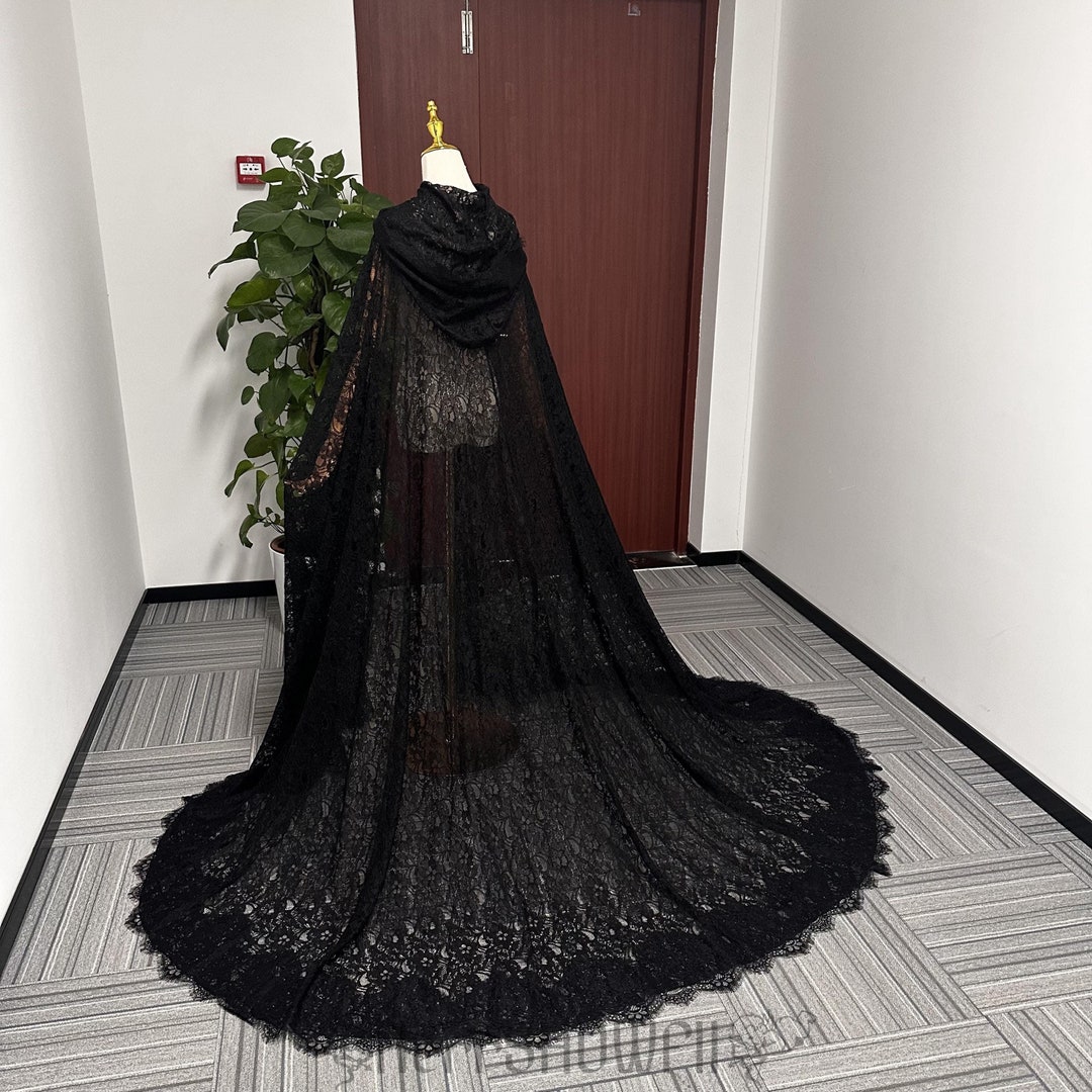 Gothic Black Cape Veil With Hoodie Lace Cape Black Sheet Cape,black ...