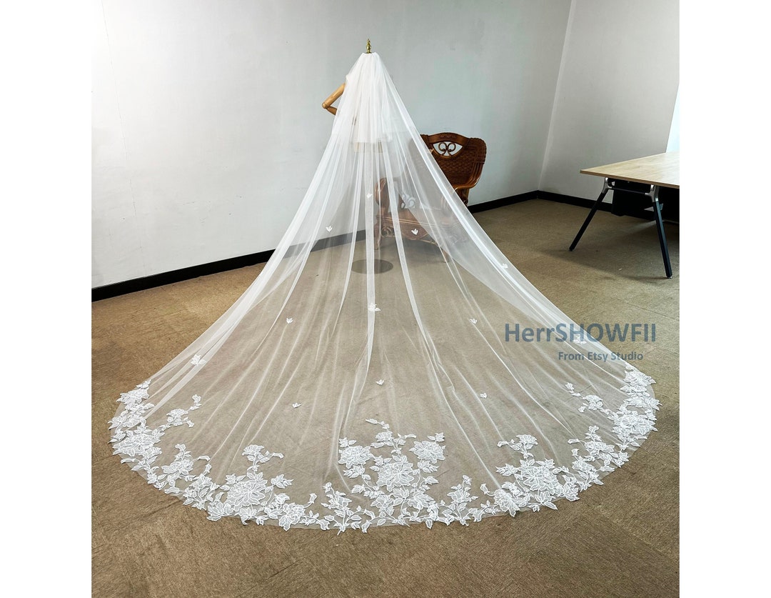 Elegant Large Organza Wedding Veil With Scattered Small Flowers Blusher ...