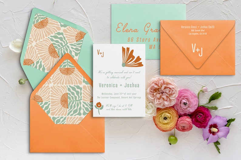 Marta Set - Retro Wedding Invitation Set - 6 Pieces + Main Envelope and ...
