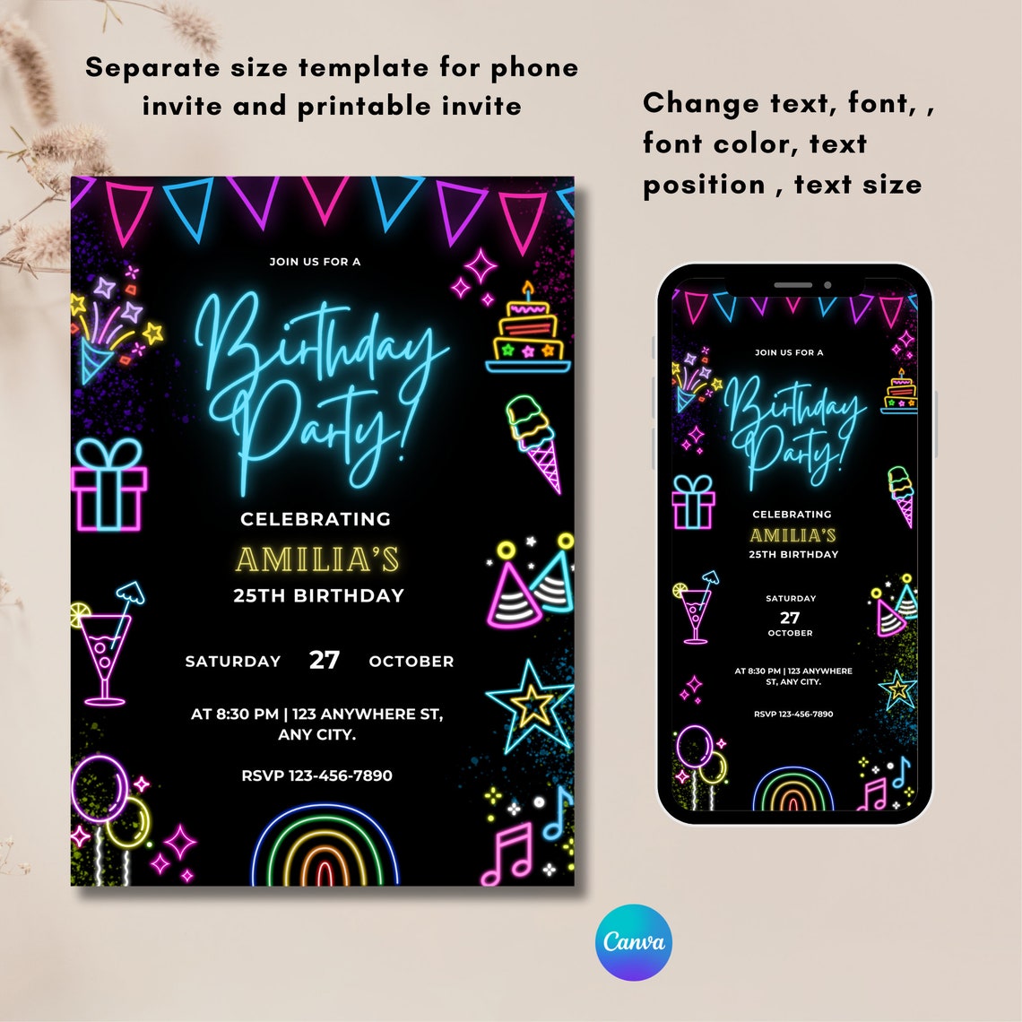 Editable Glow Birthday Party Invitation Neon Birthday Invitation ...