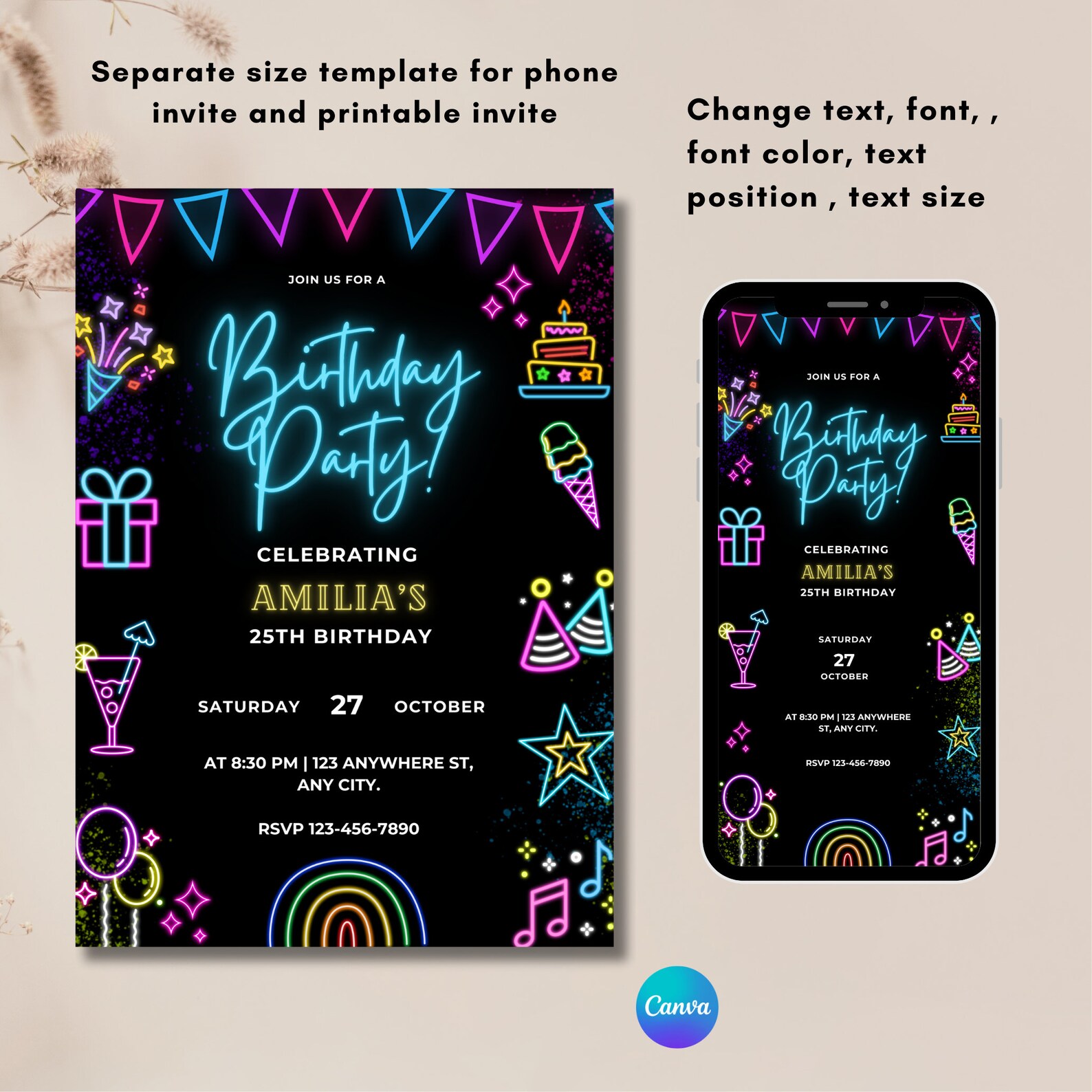 Editable Glow Birthday Party Invitation - Neon Birthday Invitation ...