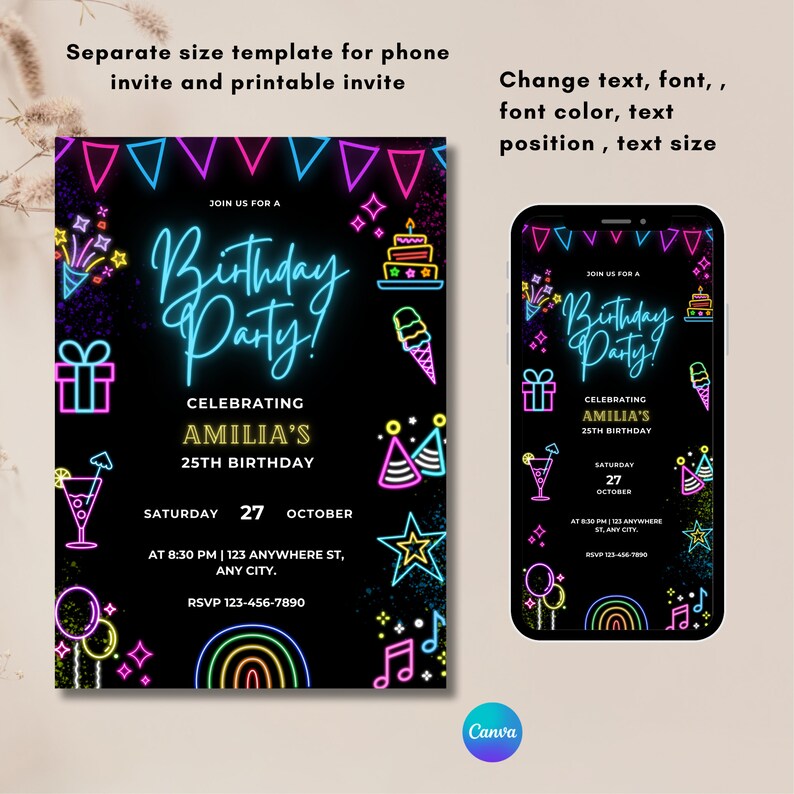 Editable Glow Birthday Party Invitation - Neon Birthday Invitation ...