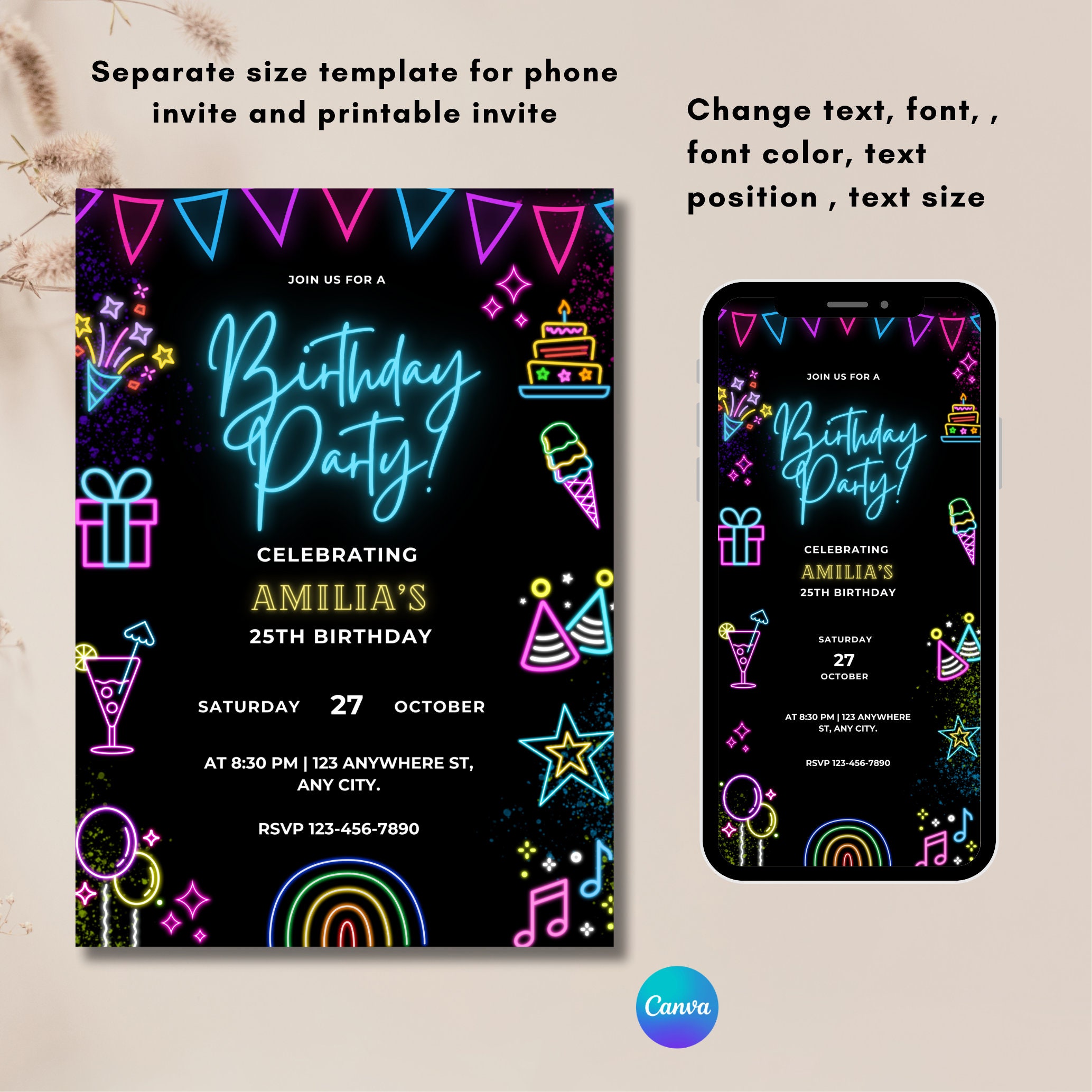 Editable Glow Birthday Party Invitation Neon Birthday Invitation ...