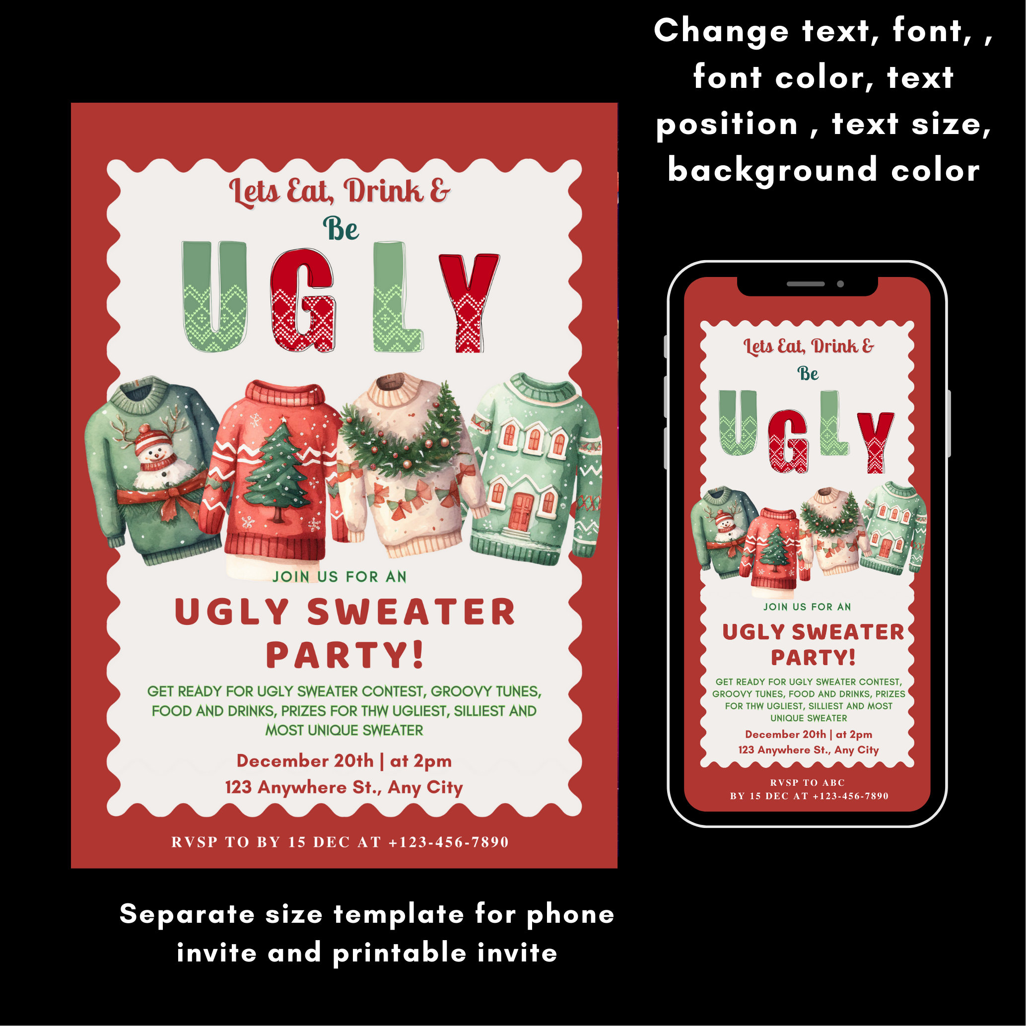 Editable Ugly Sweater Party Invitation Rustic Christmas Ugly Sweater ...