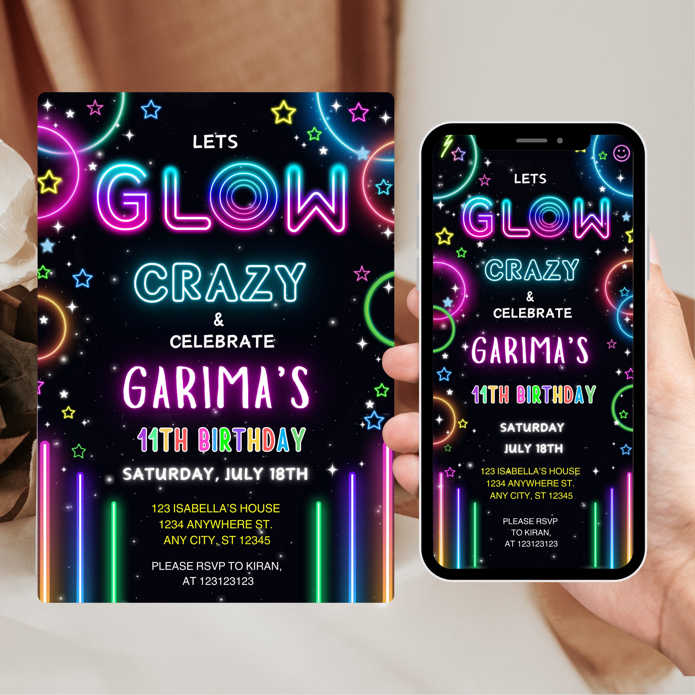 Glow Crazy Party Birthday Invitation, Glow Invitation, Girl, Boy, Neon ...