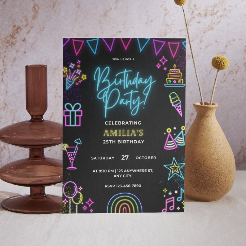 Editable Glow Birthday Party Invitation - Neon Birthday Invitation ...