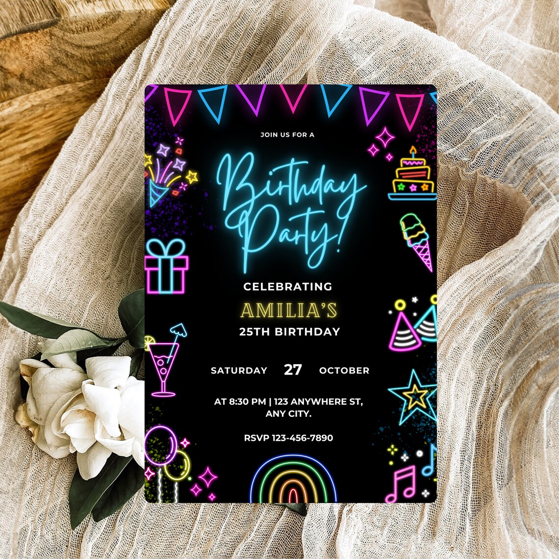 Editable Glow Birthday Party Invitation - Neon Birthday Invitation ...