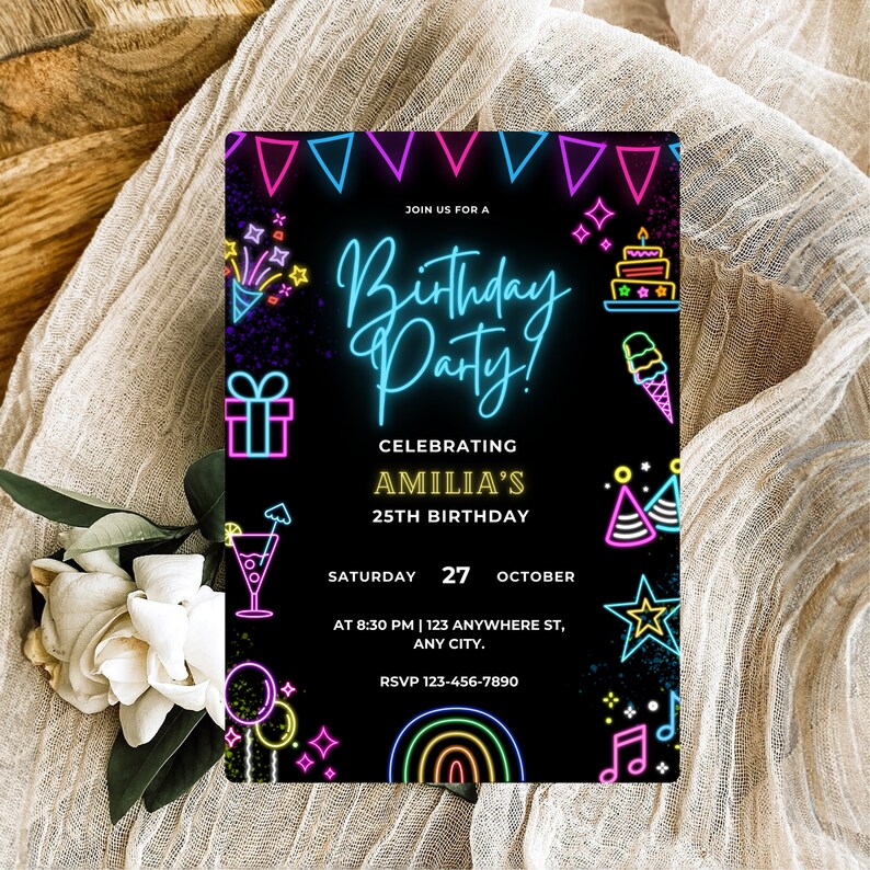 Editable Glow Birthday Party Invitation - Neon Birthday Invitation ...