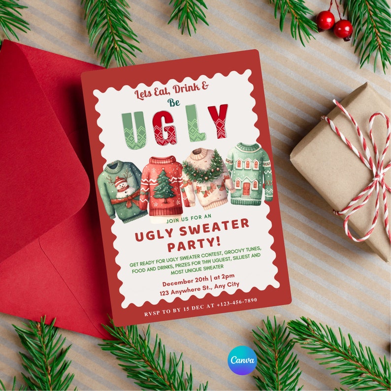 Editable Ugly Christmas Sweater Party Invitation, Ugly Sweater ...