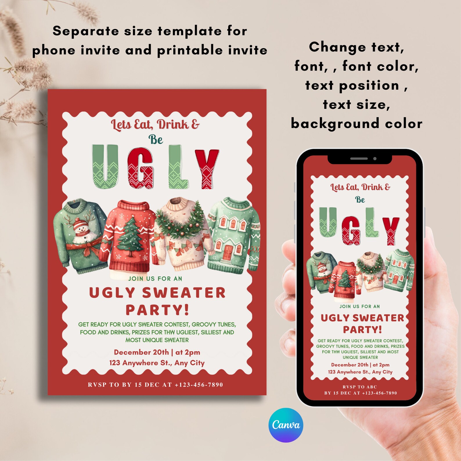Editable Ugly Christmas Sweater Party Invitation, Ugly Sweater ...