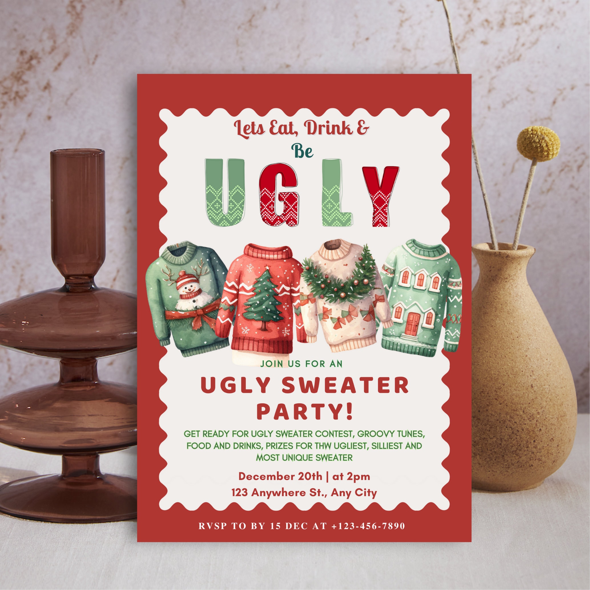 Editable Ugly Sweater Party Invitation Rustic Christmas Ugly Sweater Invitation Eat Drink and Be ...