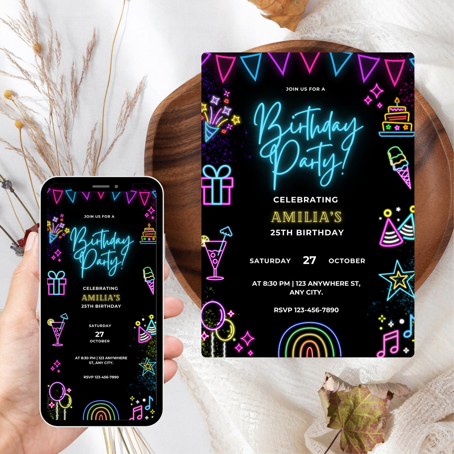 Editable Glow Birthday Party Invitation - Neon Birthday Invitation ...