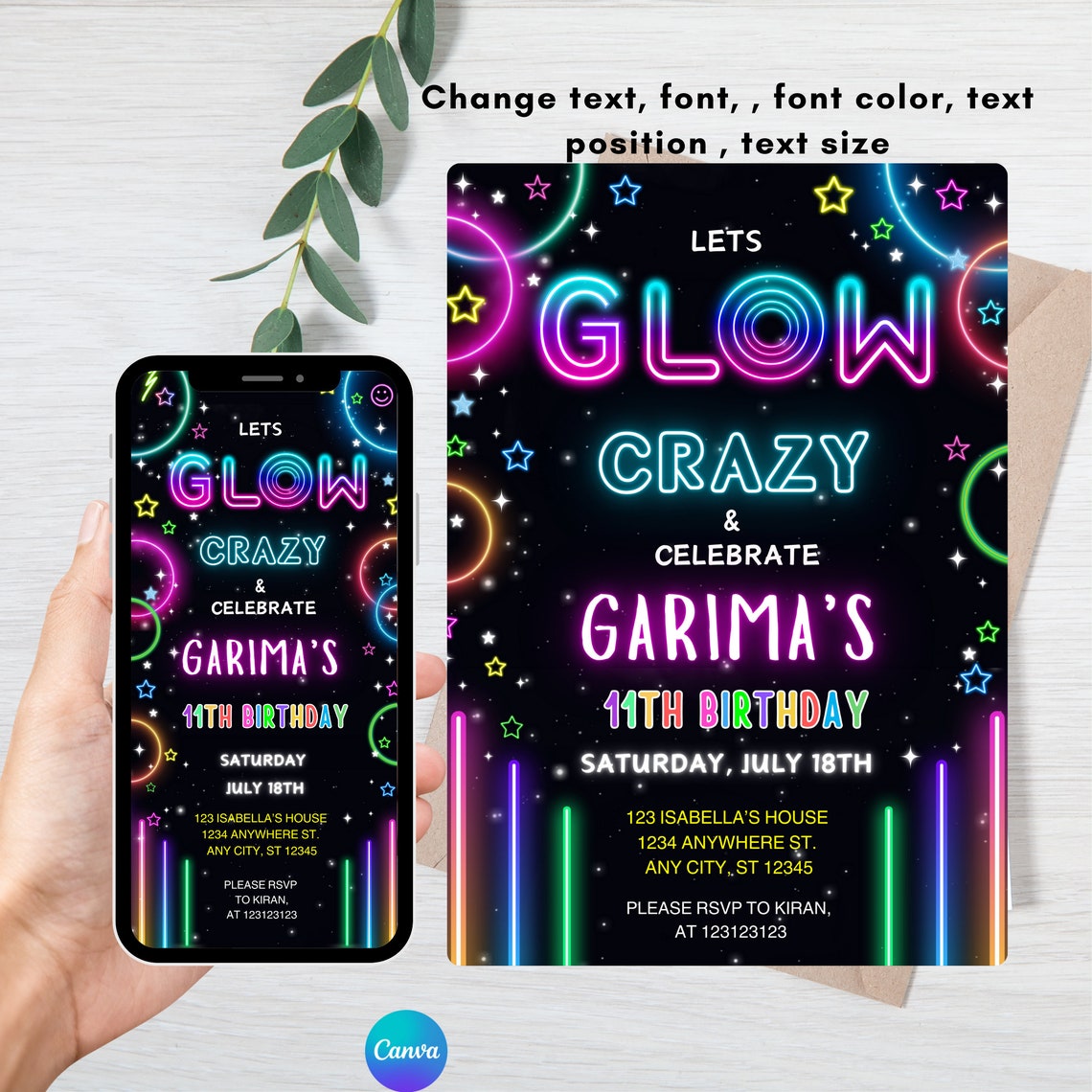Glow Crazy Party Birthday Invitation, Glow Invitation, Girl, Boy, Neon ...