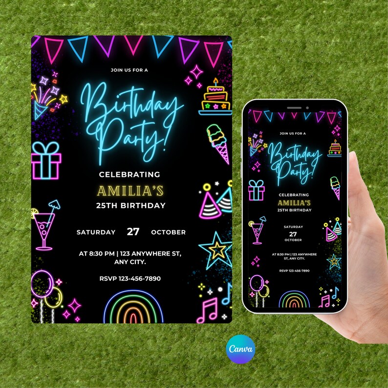 Editable Glow Birthday Party Invitation - Neon Birthday Invitation ...