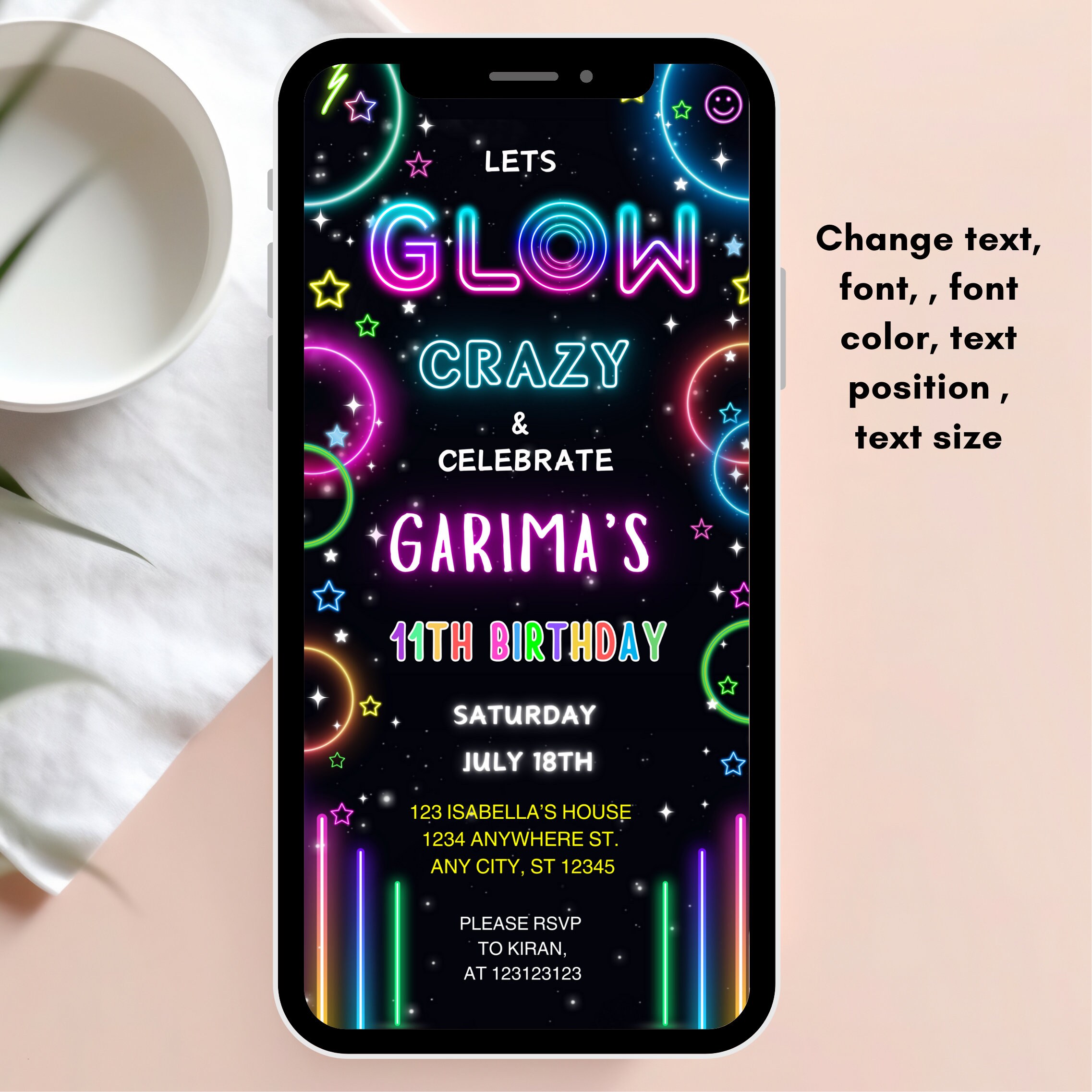 Glow Crazy Party Birthday Invitation, Glow Invitation, Girl, Boy, Neon ...