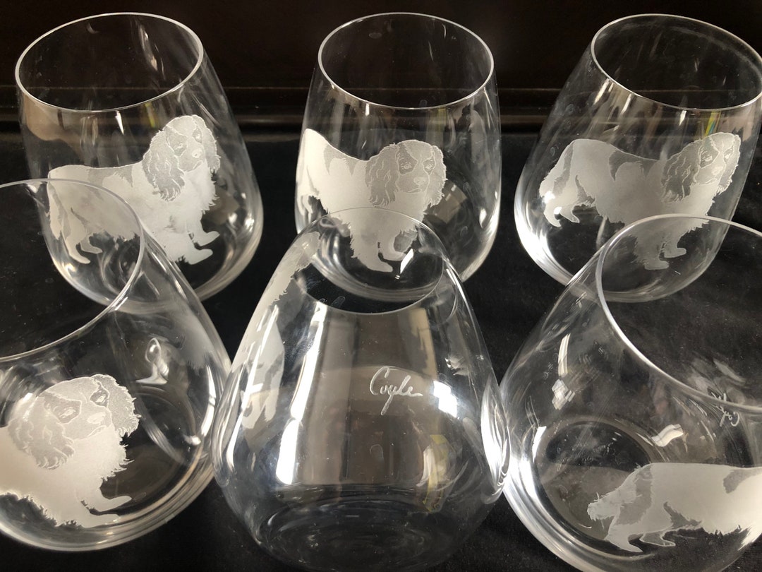Coyle Art Glass. Hand Etched Dog Stemless Wine Glass. Signed. Set of 6 ...