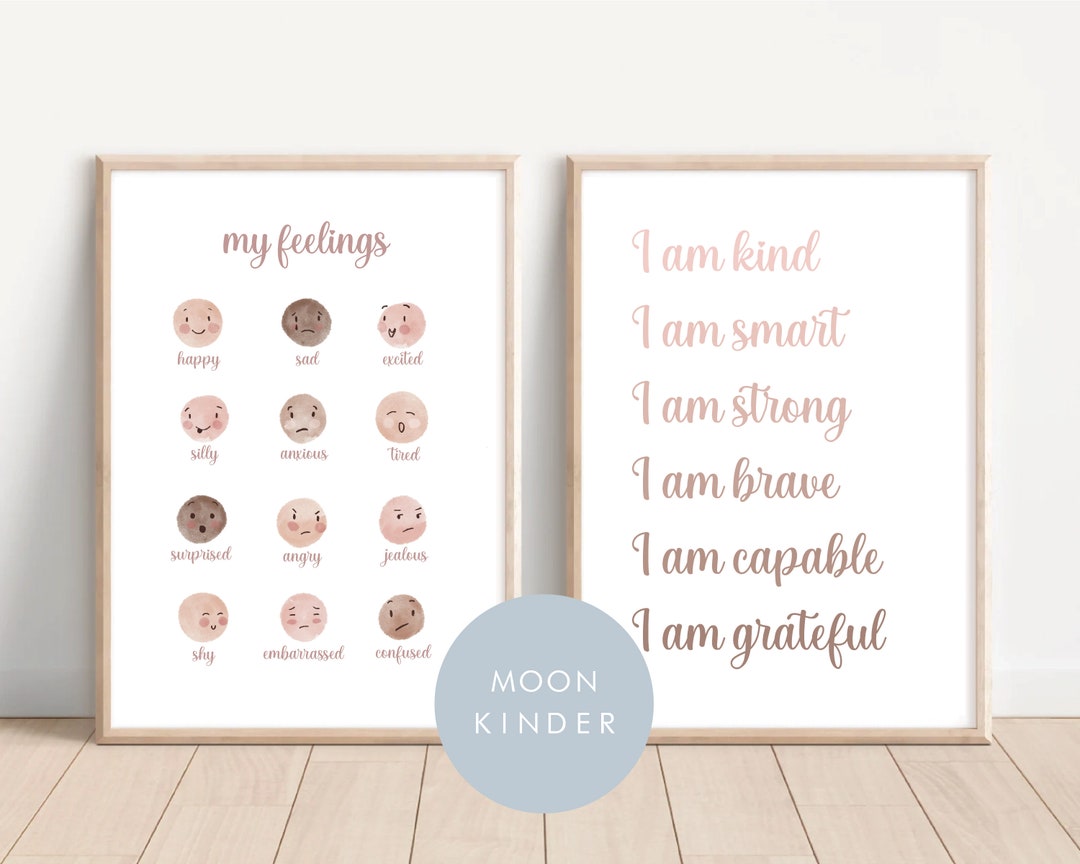 Feelings & Emotions Chart Print, Affirmations Set of 2, Beige Pastel ...