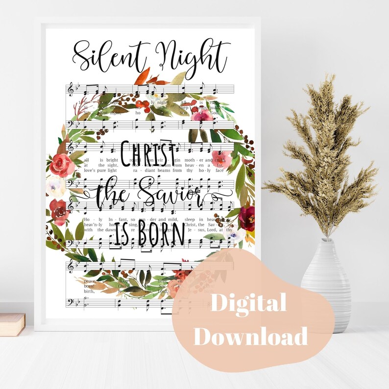 Silent Night Holy Night Hymn Lyrics Christmas Wreath Wall Art Christian ...