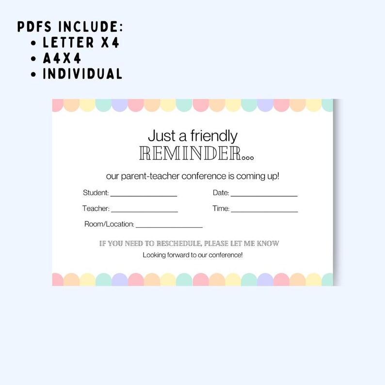 Pastel Rainbow Parent Teacher Conference Reminder Notes, Parent Teacher ...