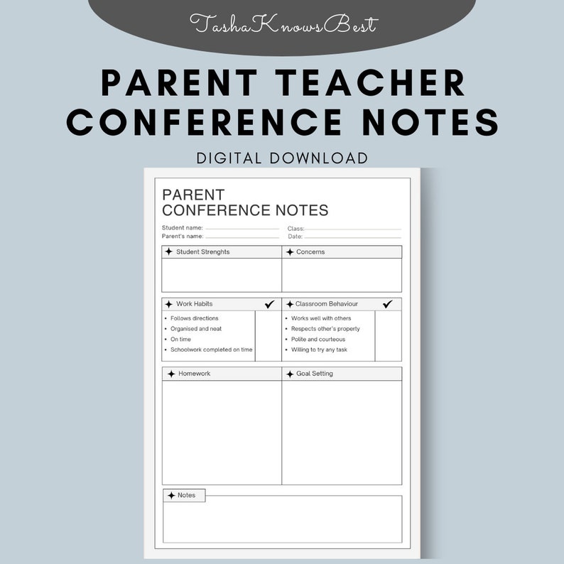 PRINTABLE Grey Parent Conference Notes, Parent-teacher Conference ...