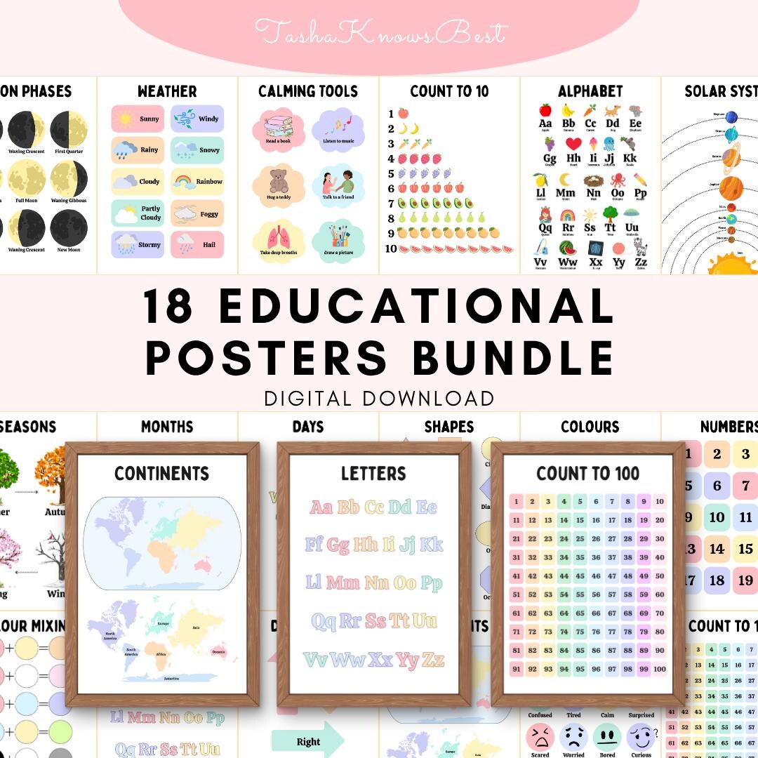 Rainbow Pastel Educational Posters DIGITAL DOWNLOAD, Toddler Learning ...