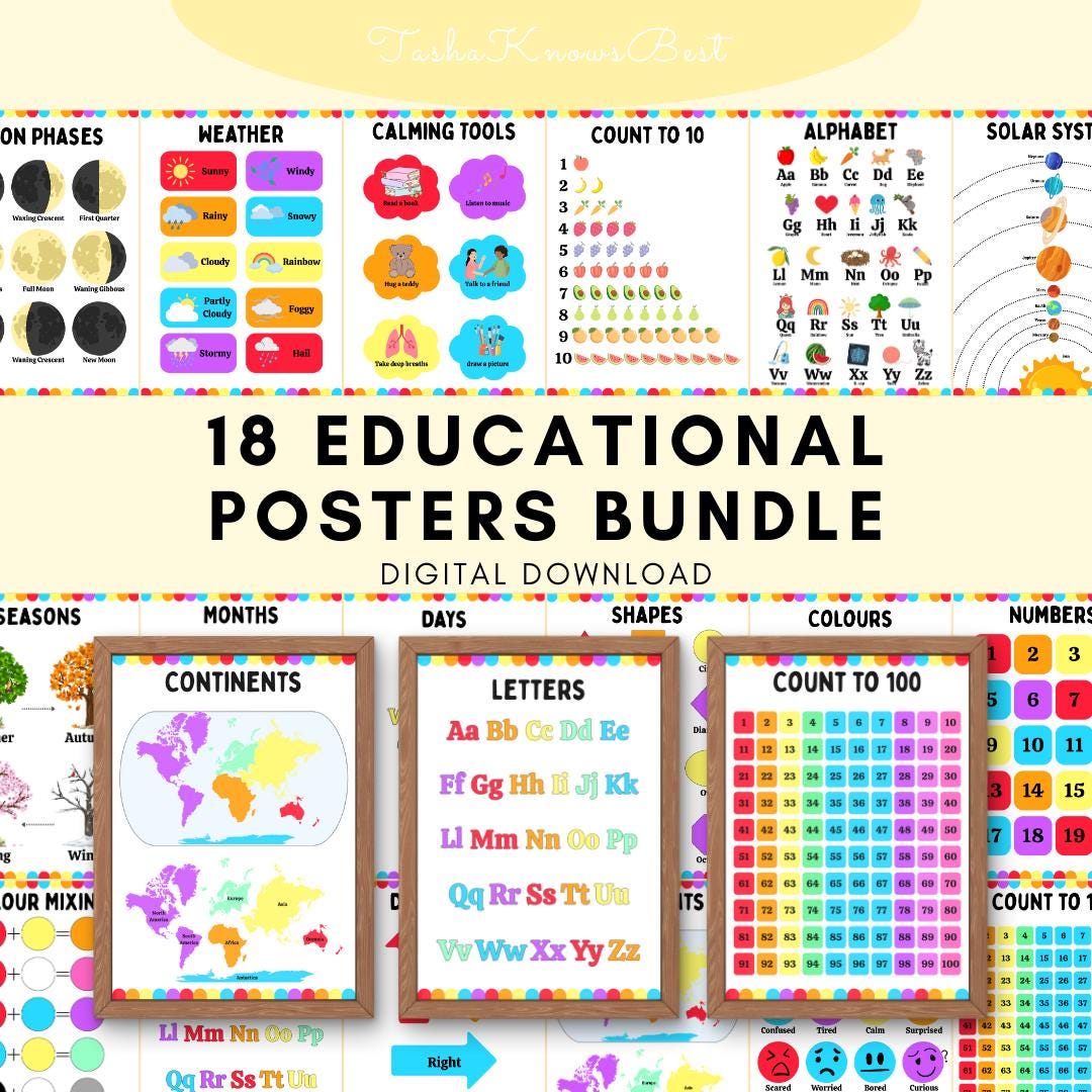 Bright Rainbow Educational Posters DIGITAL DOWNLOAD, Toddler Learning ...