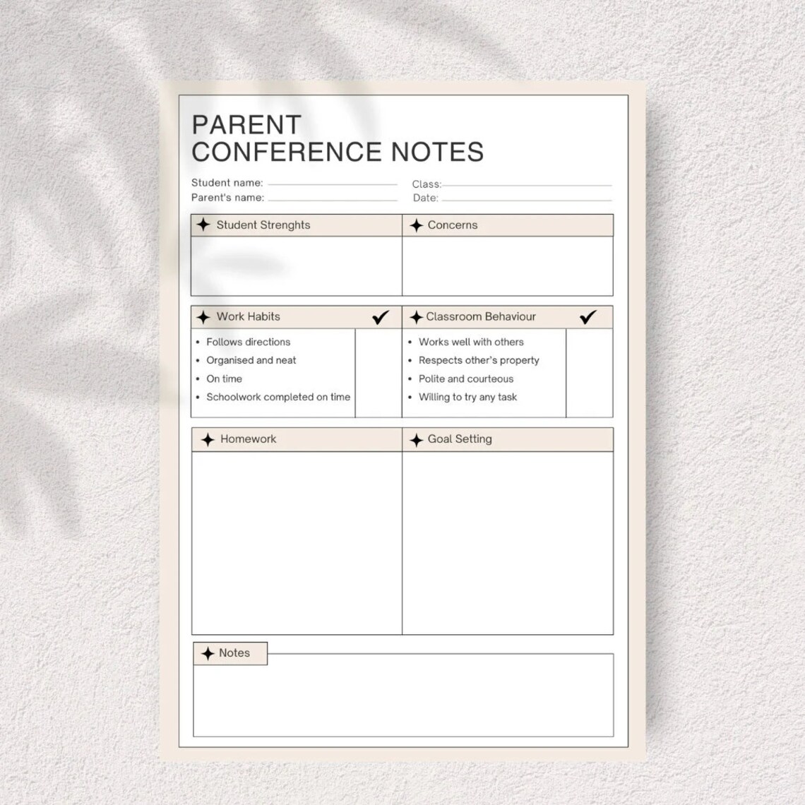 PRINTABLE Beige Parent Conference Notes, Parent-teacher Conference ...