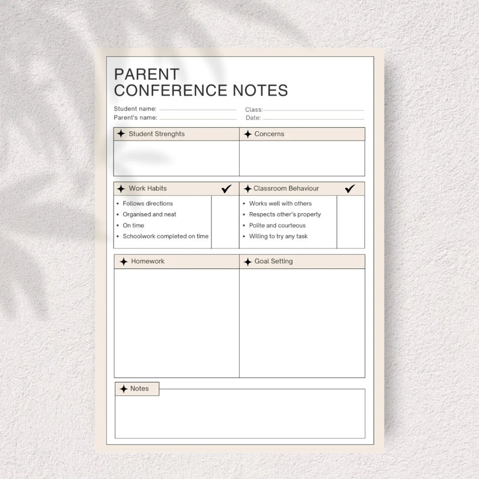 PRINTABLE Beige Parent Conference Notes, Parent-teacher Conference ...