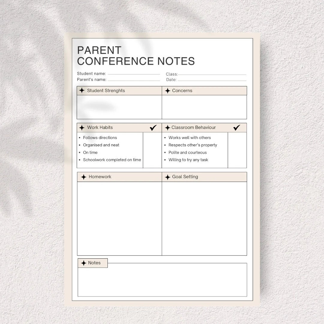 PRINTABLE Beige Parent Conference Notes, Parent-teacher Conference ...