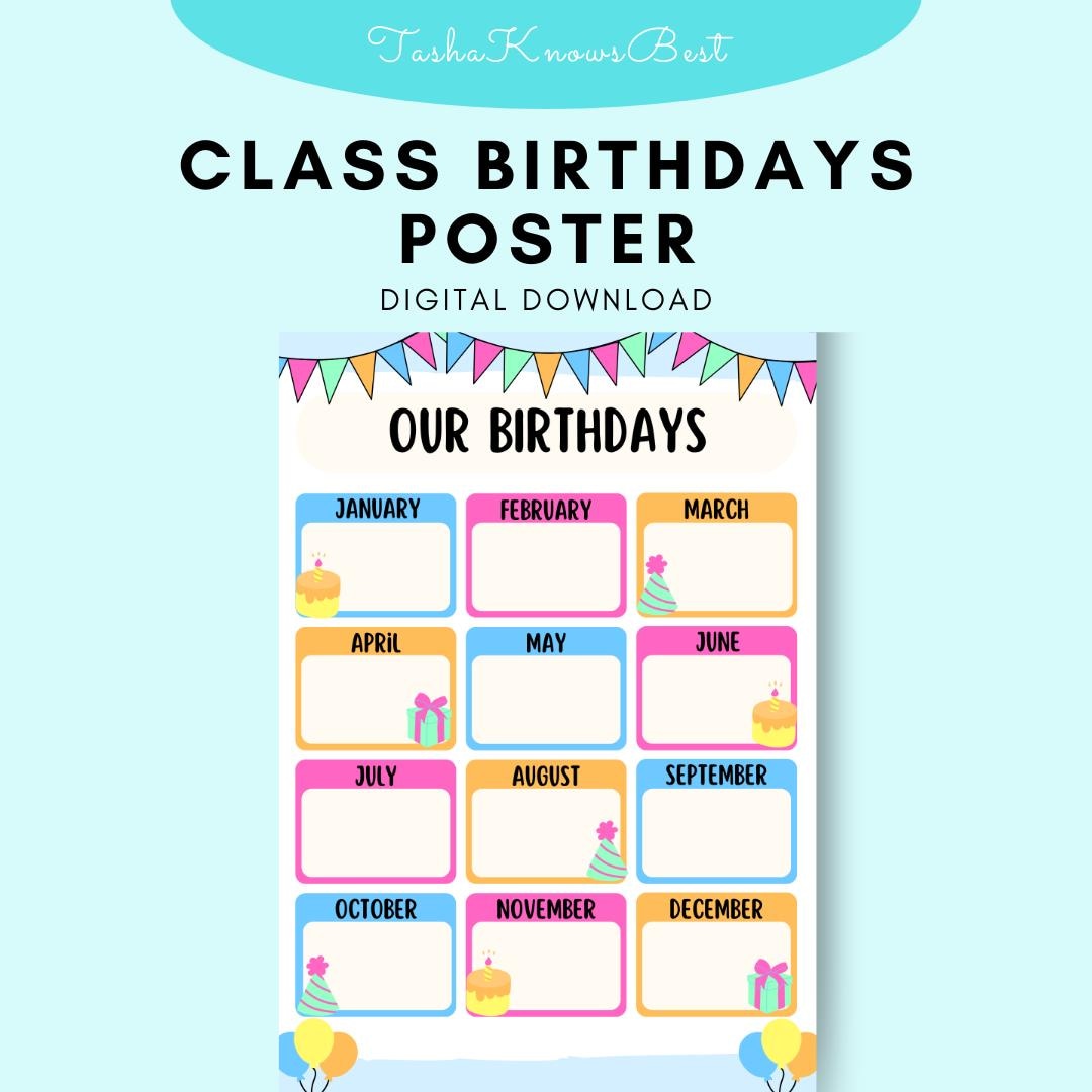 Bright Classroom Birthday Poster, Birthday Poster, Class Birthday ...