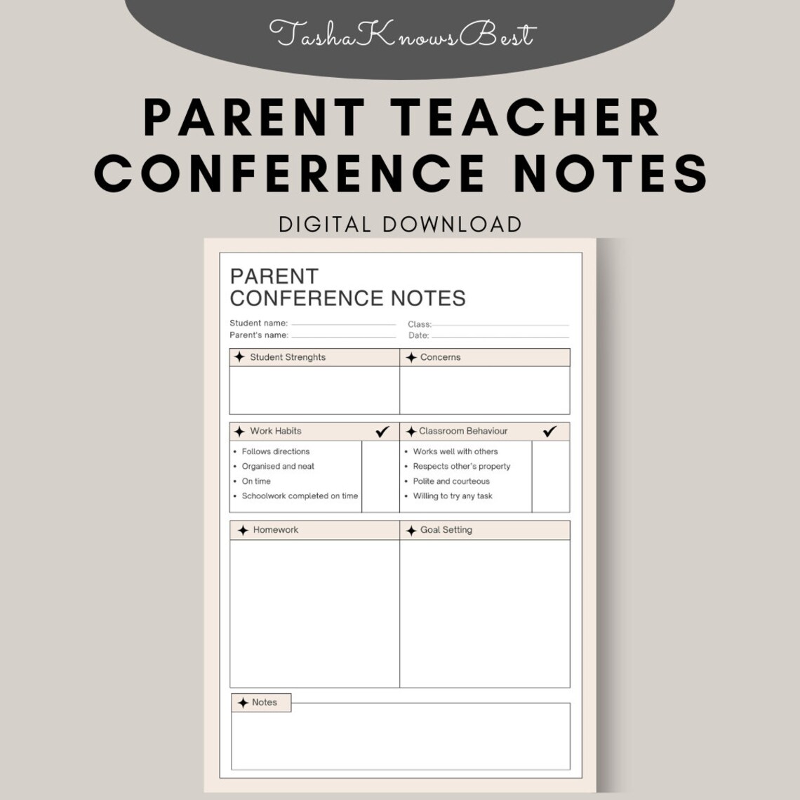 PRINTABLE Beige Parent Conference Notes, Parent-teacher Conference ...