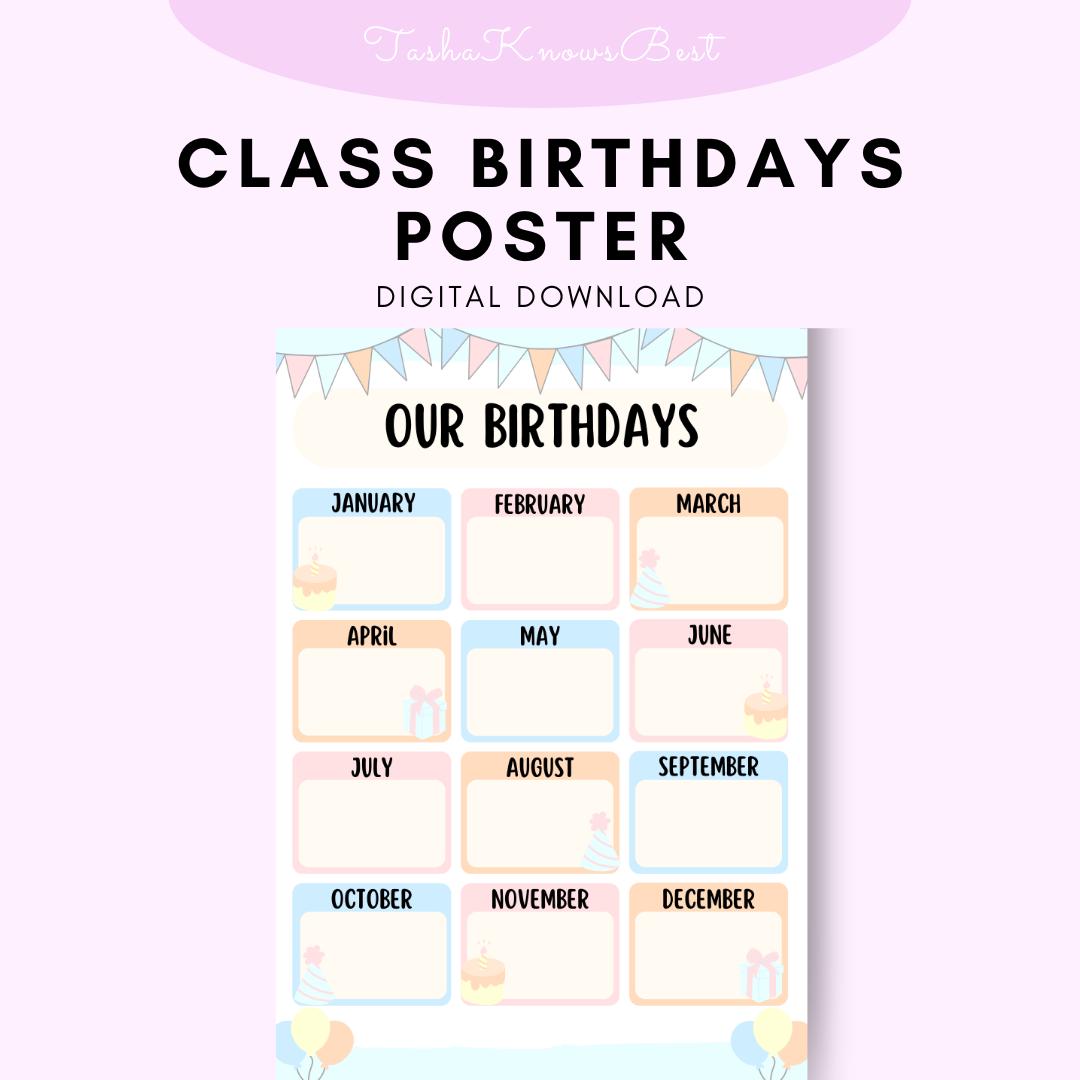 Pastel Classroom Birthday Poster, Birthday Poster, Class Birthday ...