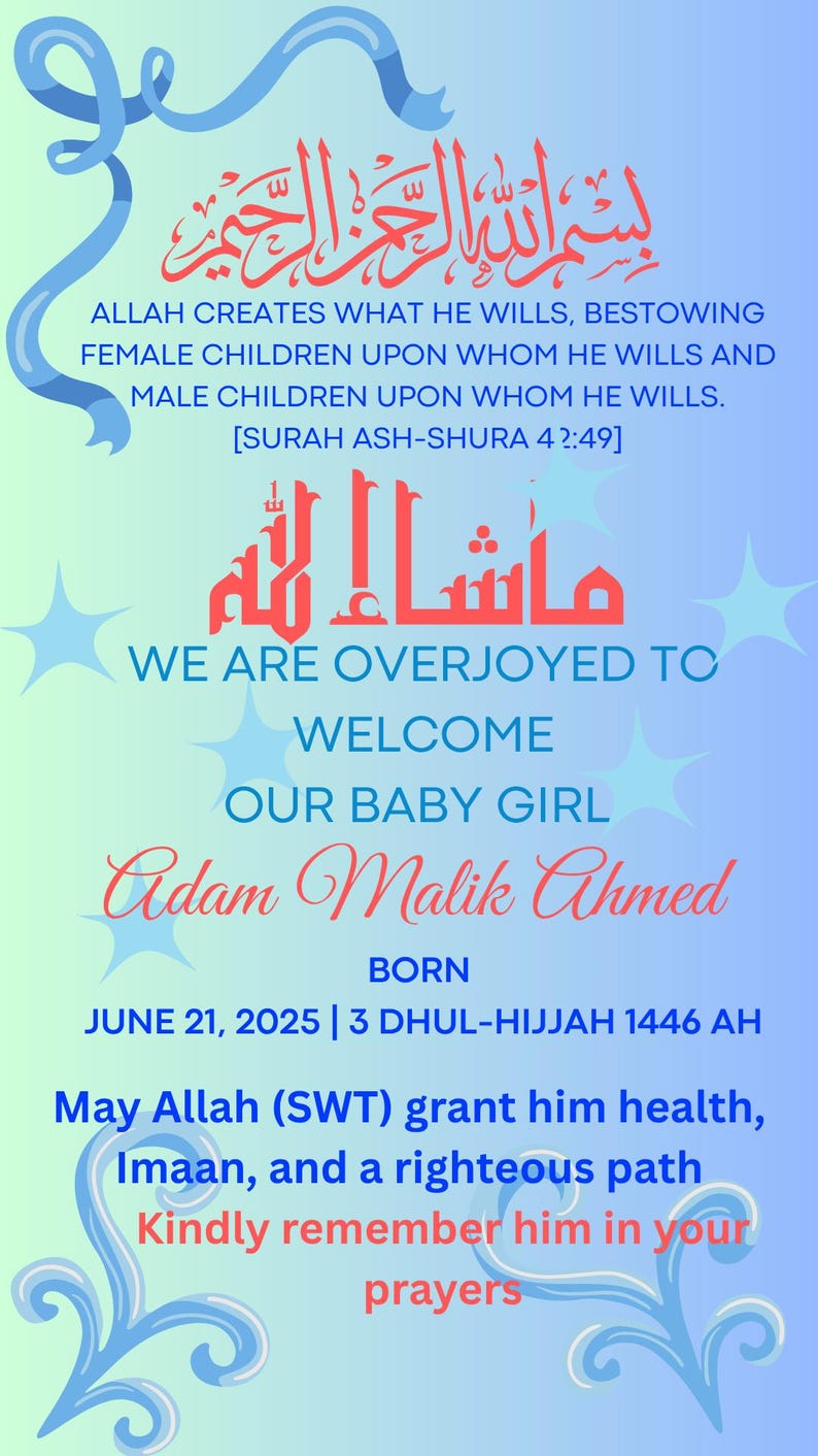 Islamic Baby Birth Announcement: Editable Canva Template (digital ...
