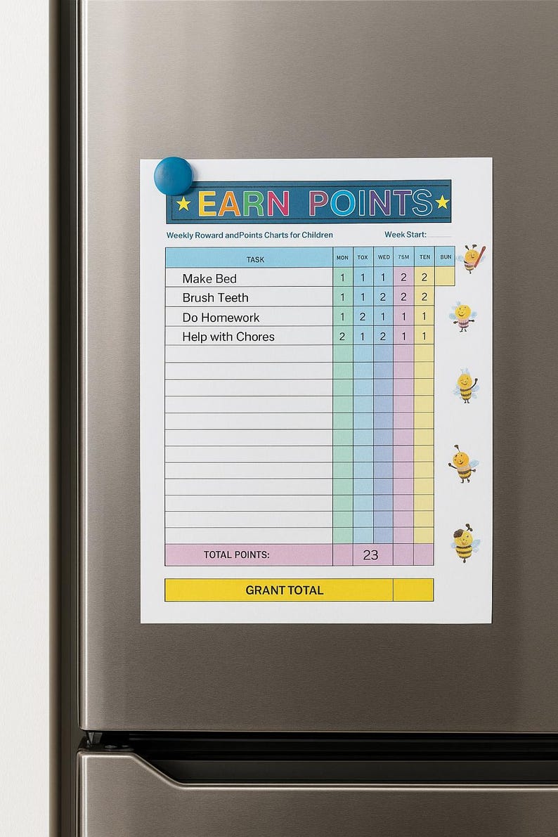 Colorful Kids Reward Chart Printable | Weekly Behavior Points Chart PDF ...