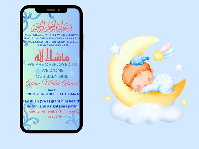 Islamic Baby Birth Announcement: Editable Canva Template (digital ...