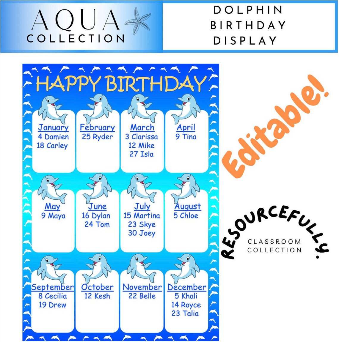 Editable Dolphin Themed Birthday Display | Class Birthday Chart ...