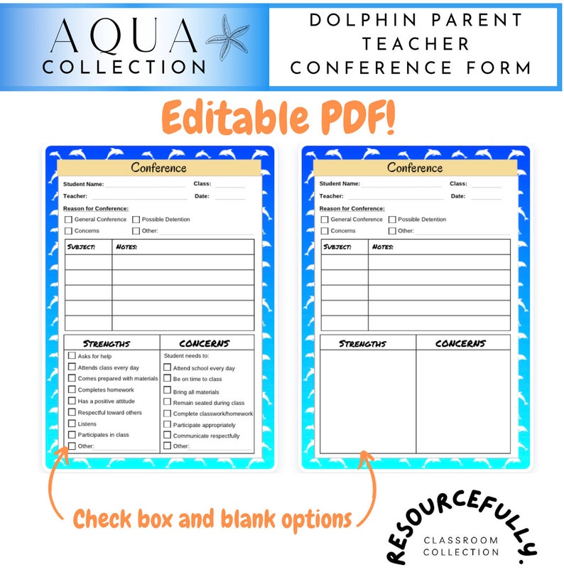 Editable Dolphin Themed Parent Teacher Conference Form L Parent Teacher ...