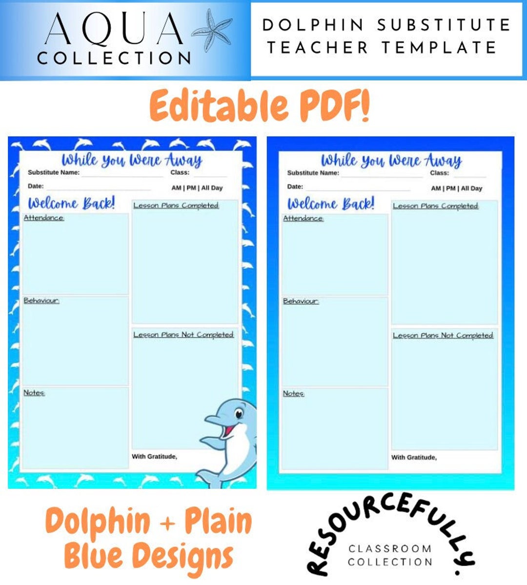 Editable Dolphin Themed Substitute Report Template | Relief Teacher ...