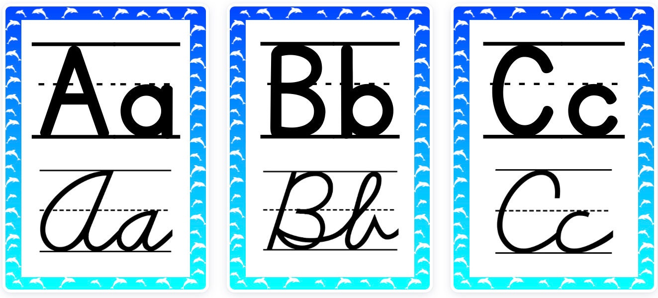 Dolphin Themed Print and Cursive Lined Alphabet Posters | Teacher ...
