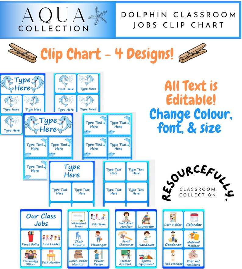 Editable Dolphin Themed Classroom Jobs Clip Chart L Class Jobs Display ...