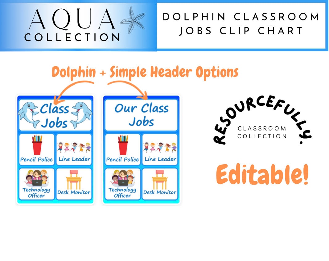 Editable Dolphin Themed Classroom Jobs Clip Chart L Class Jobs Display ...