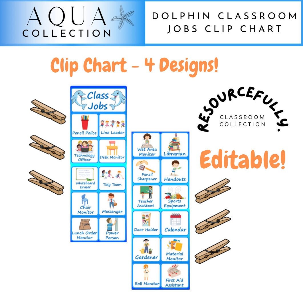 Editable Dolphin Themed Classroom Jobs Clip Chart L Class Jobs Display ...