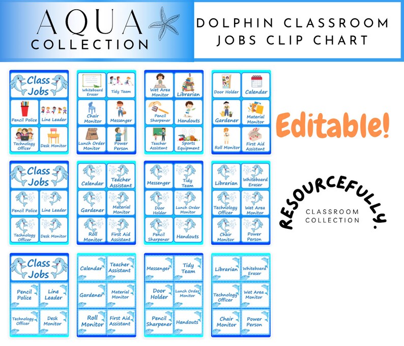 Editable Dolphin Themed Classroom Jobs Clip Chart L Class Jobs Display ...