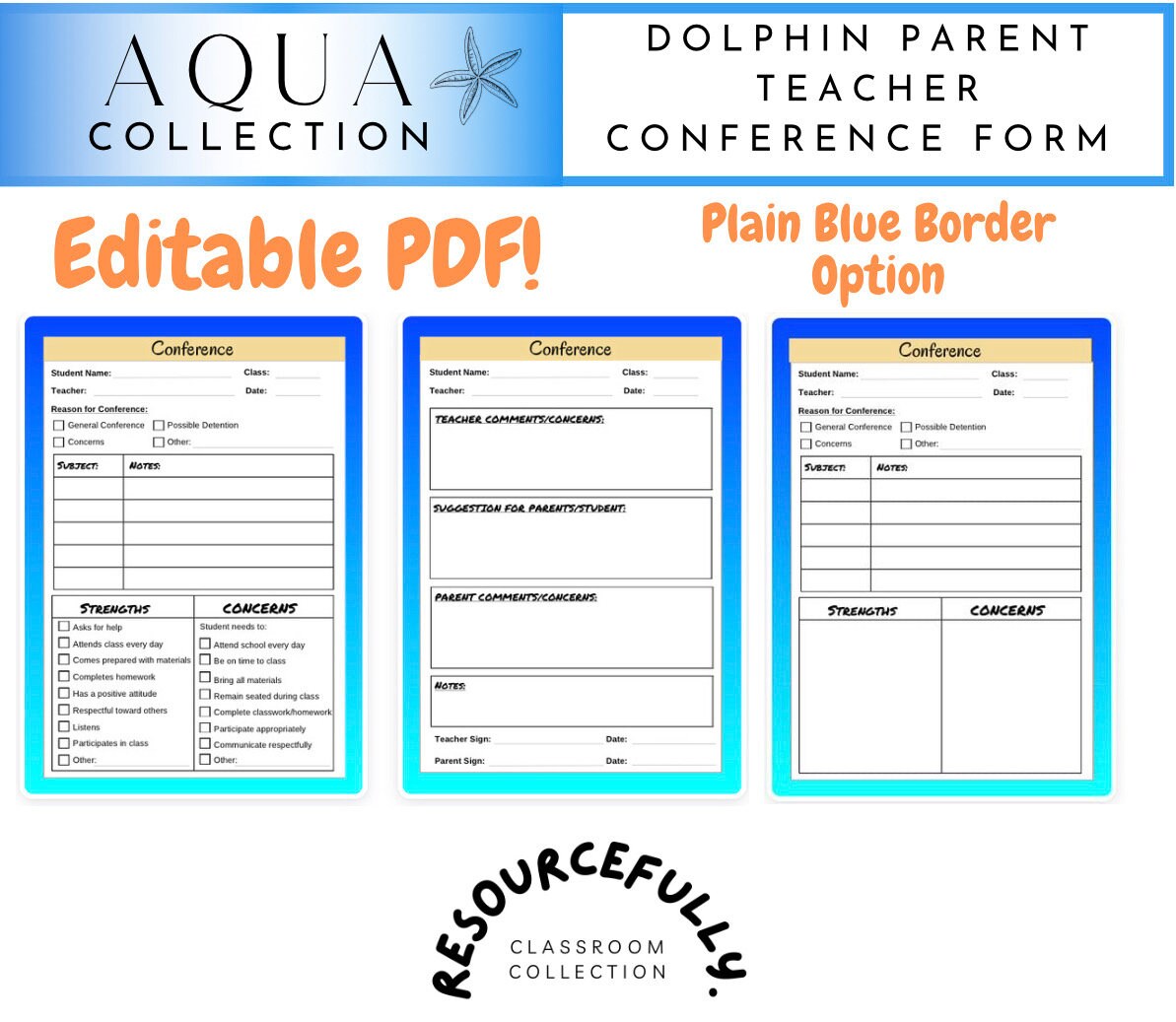 Editable Dolphin Themed Parent Teacher Conference Form L Parent Teacher ...