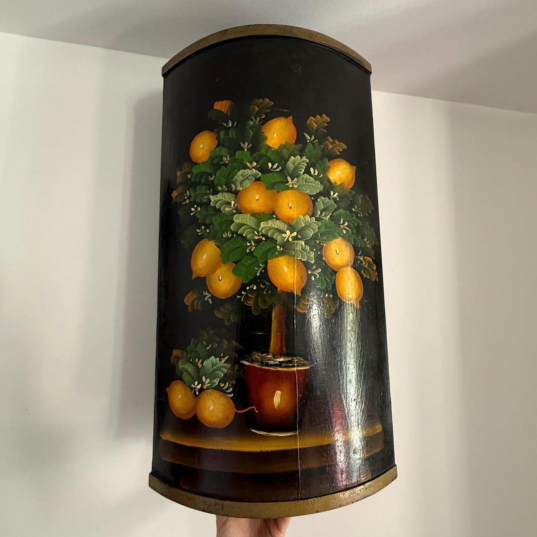 Vintage Hand Painted Yellow Lemon Tree Black Painted Wooden Corner Cane ...
